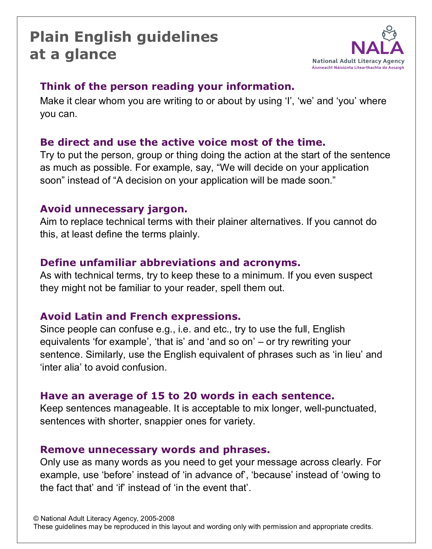 Plain English guidelines at a glance - NALA