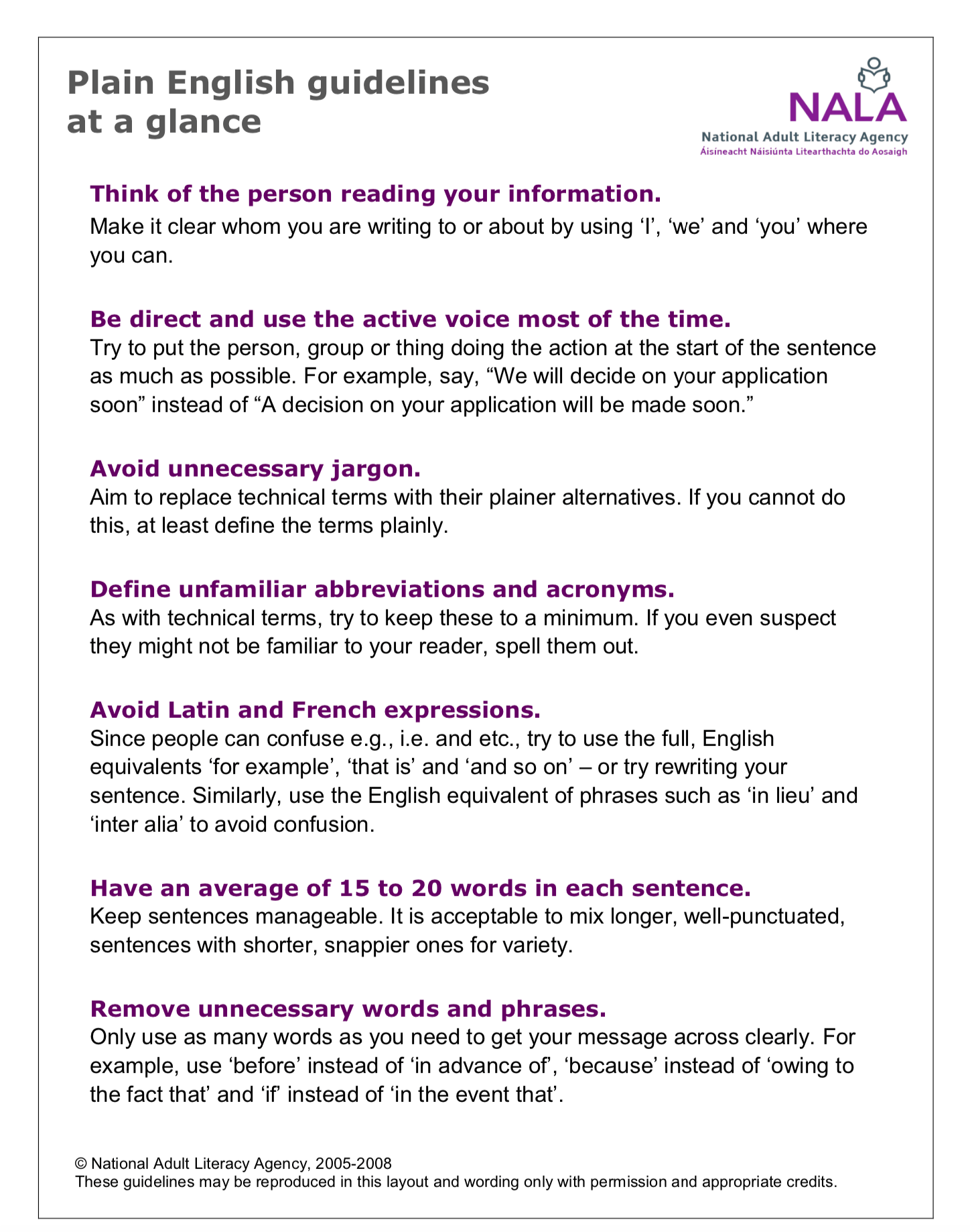 Plain English guidelines at a glance - NALA